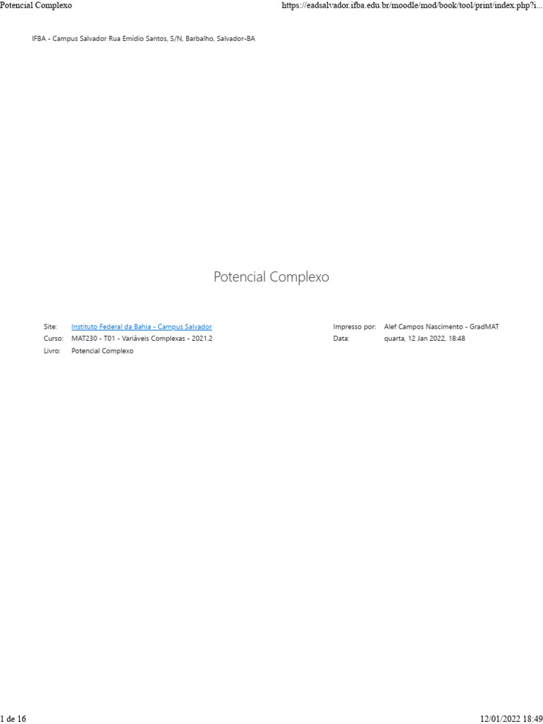 Potencial Complexo | PDF | Mecânica dos fluidos | Engenharia Mecânica