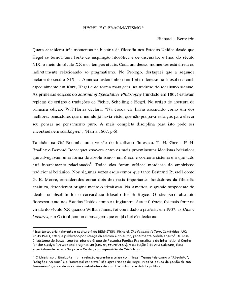 Hegel e o Pragmatismo Por Richard Bernstein | PDF | Georg Wilhelm Friedrich Hegel | Immanuel Kant