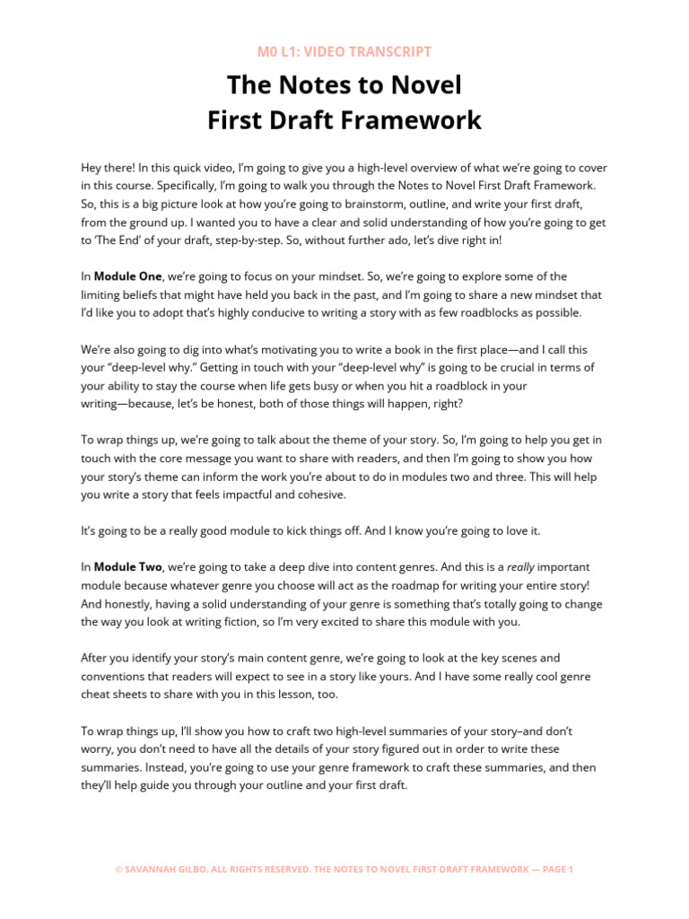 M0 L1 - Notes To Novel First Draft Framework Transcript | PDF