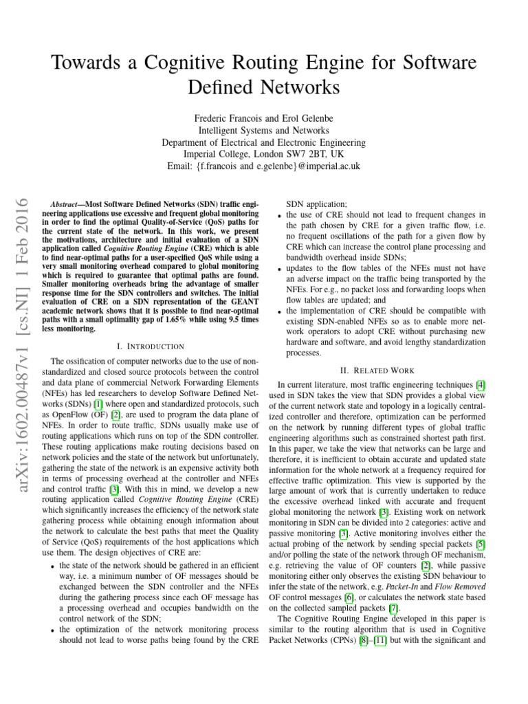 Towards A Cognitive Routing Engine For Software Defined Networks | PDF | Computer Network | Routing