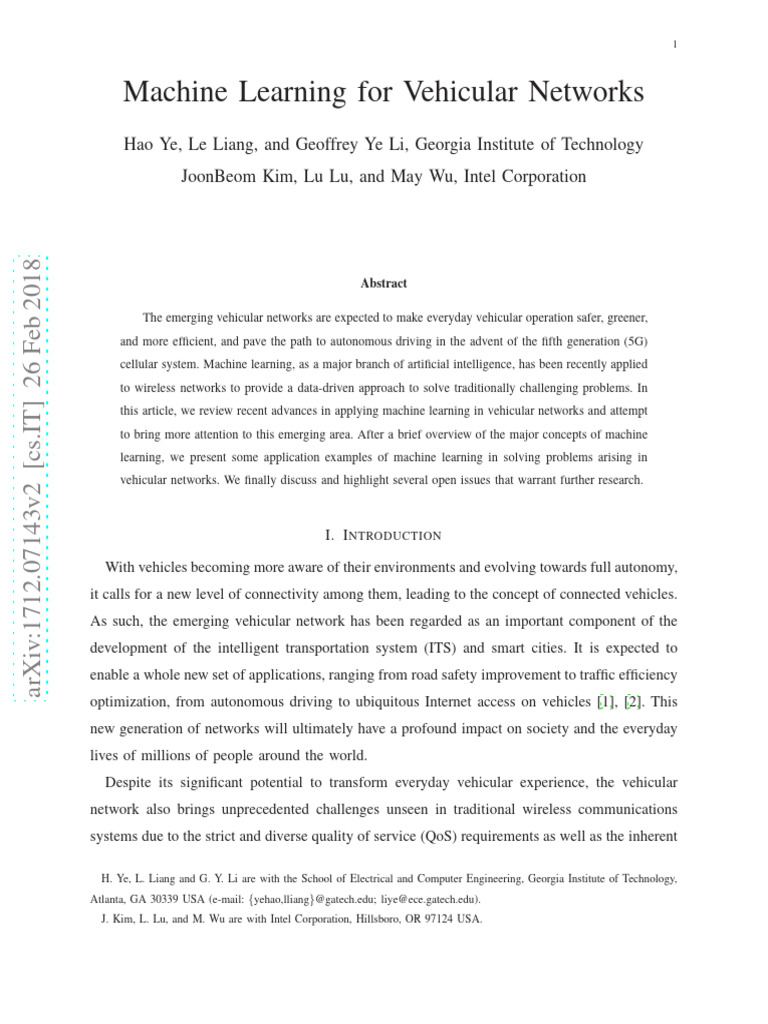Machine Learning For Vehicular Networks | PDF | Support Vector Machine | Deep Learning