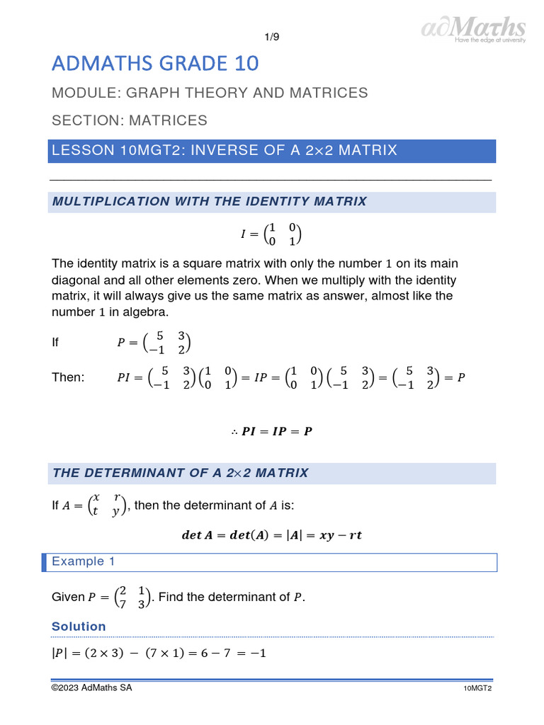 Inverse and Determinants of 2x2 Matrices | PDF | Matrix (Mathematics ...
