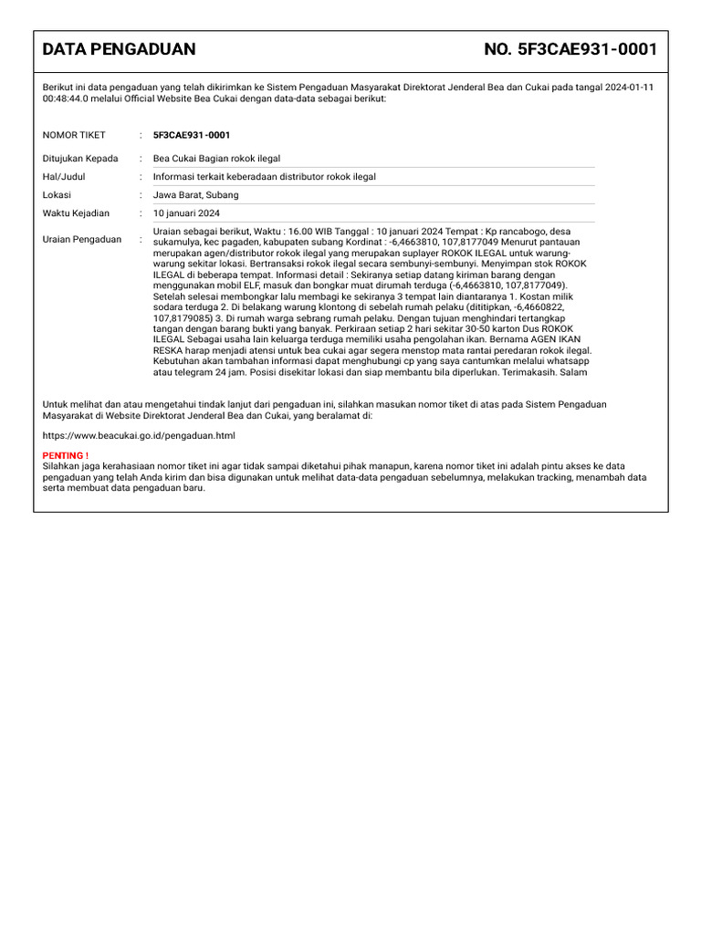 Contoh Pengaduan Bea Cukai | PDF