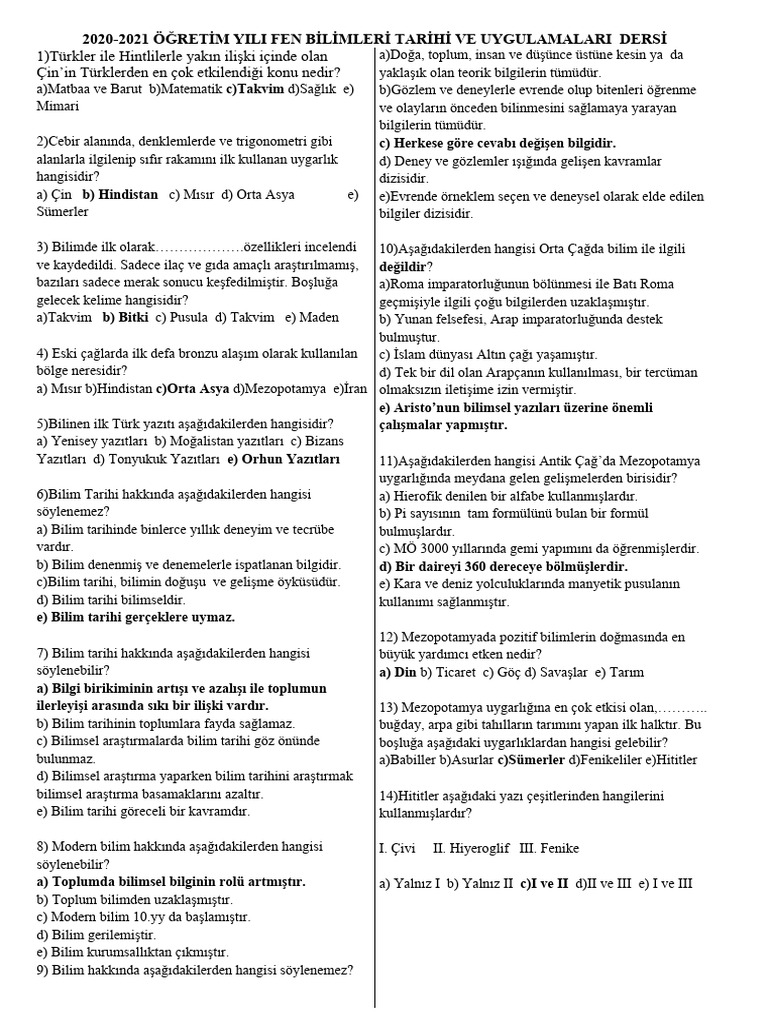 11.sinif Fen Bilimleri Tarihi Ve Uygulamalari Dersi Calisma Sorulari | PDF