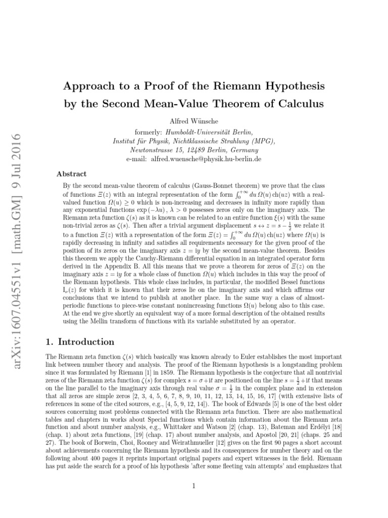 Approach To A Proof of The Riemann Hypothesis by T | PDF | Mathematics ...