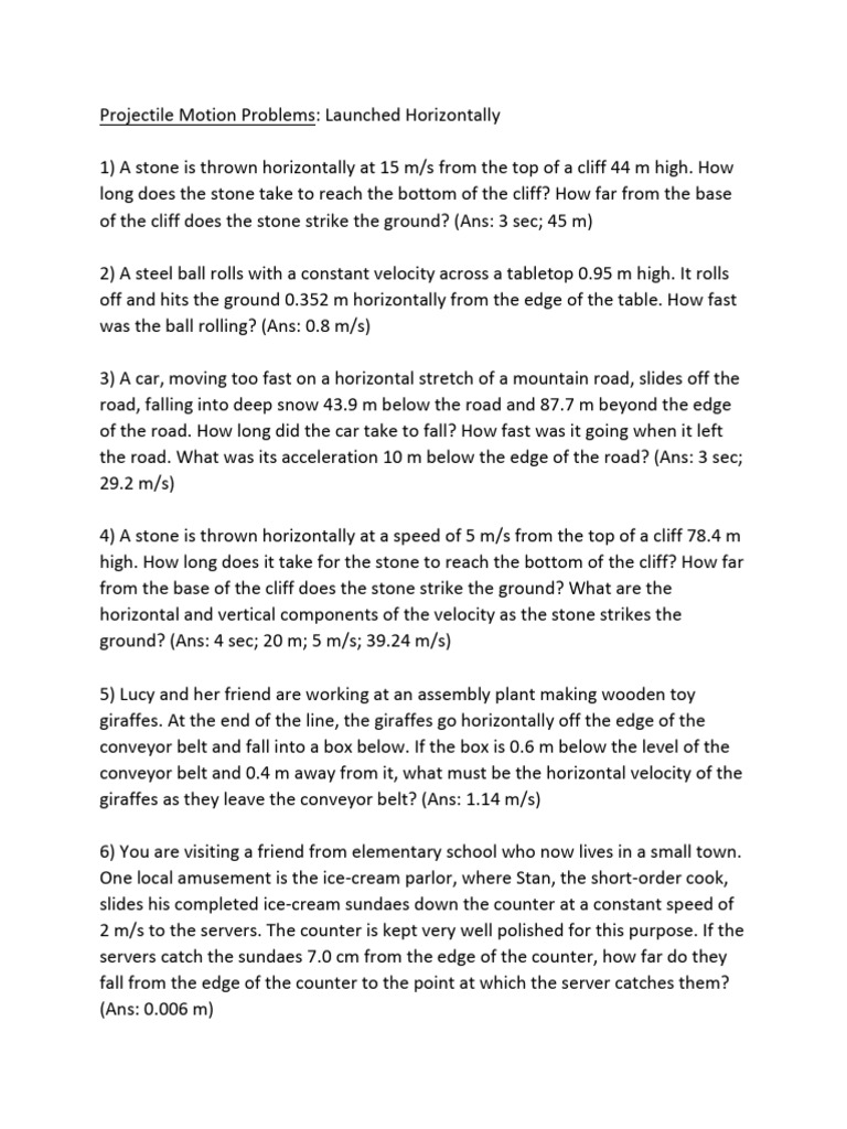 Projectile+Motion+Problems+ +Launched+Horizontally | PDF