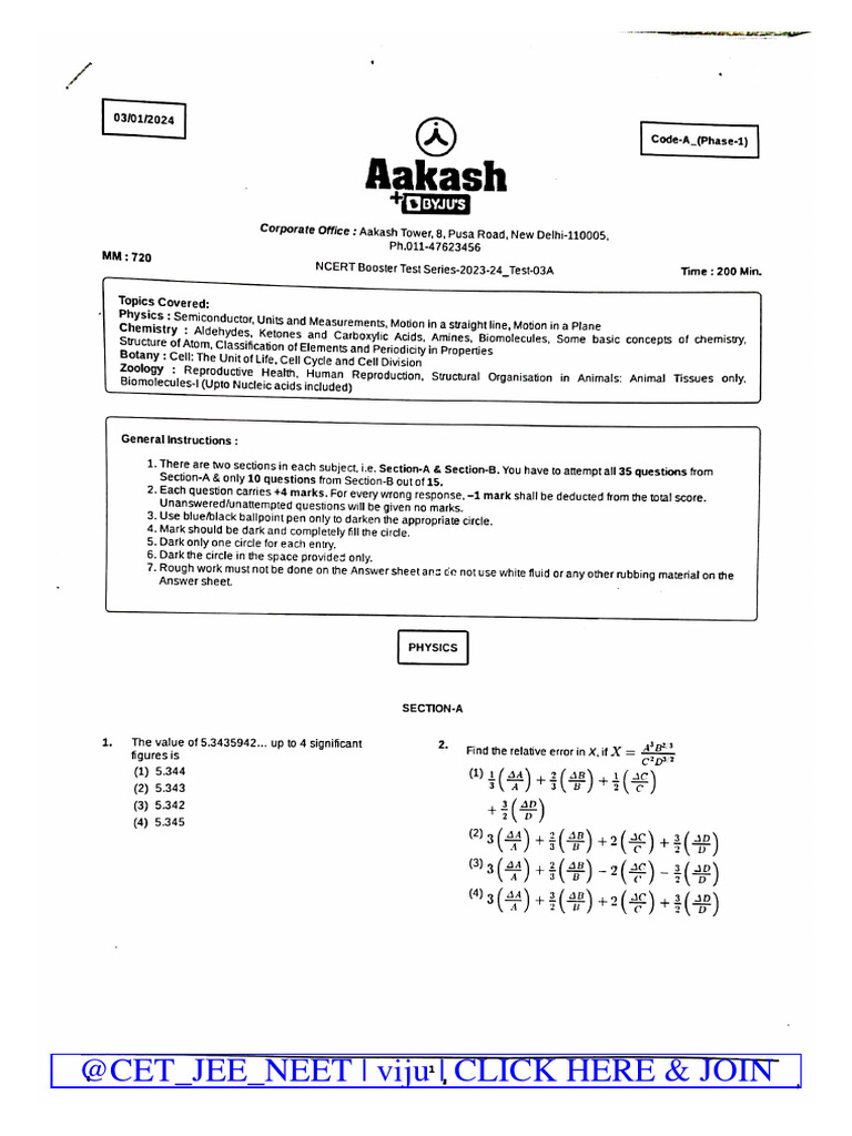 NBTS 3 CODE A Viju OYM QUE Paper @CET - JEE - NEET | PDF