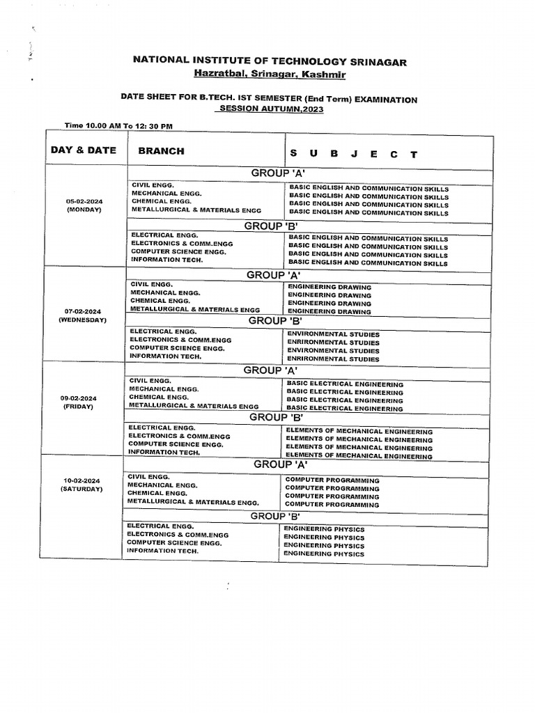 Date Sheet of B.Tech 1st - 3rd, 5th and 7th Semester Session Autumn ...