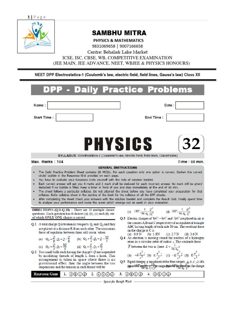 NEET DPP Electrostatics-1 (Coulomb's Law, Electric Field, Field Lines, Gauss's Law) Class XI PDF ...