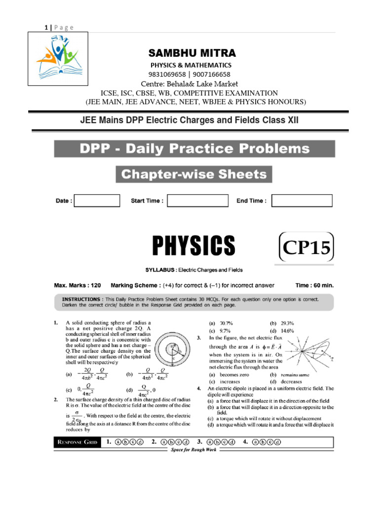 JEE Mains DPP Electric Charges and Fields Class XII PDF | PDF