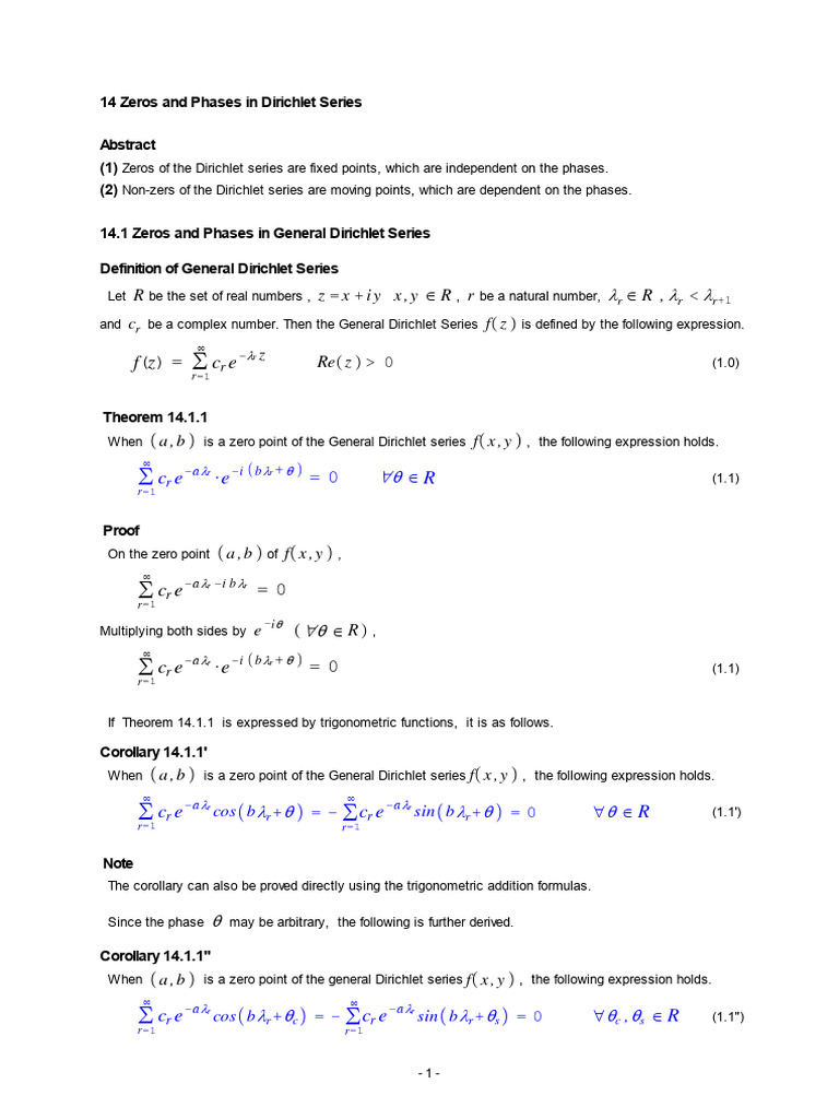 Zeros Phases Dirichlet Series Pdf Zero Of A Function Theorem 