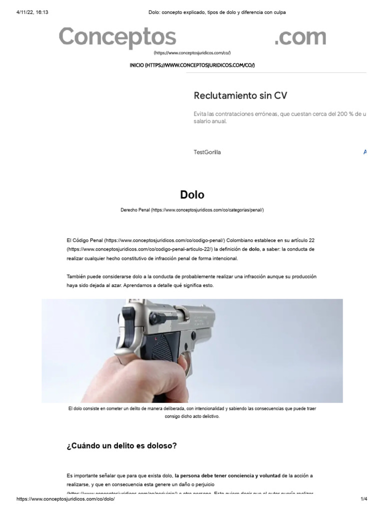 Dolo - Concepto Explicado, Tipos de Dolo y Diferencia Con Culpa | PDF ...