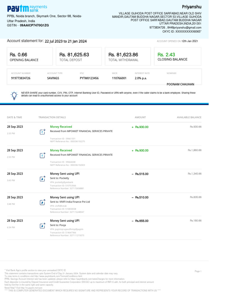 Account Statement 220723 210124 | PDF | Banks | Deposit Account