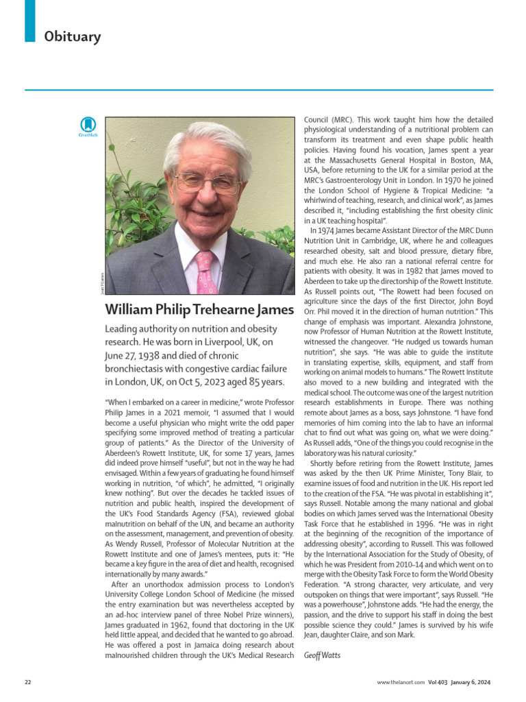 Obituary of Philip James: Nutrition Pioneer | PDF | Obesity | Health Care
