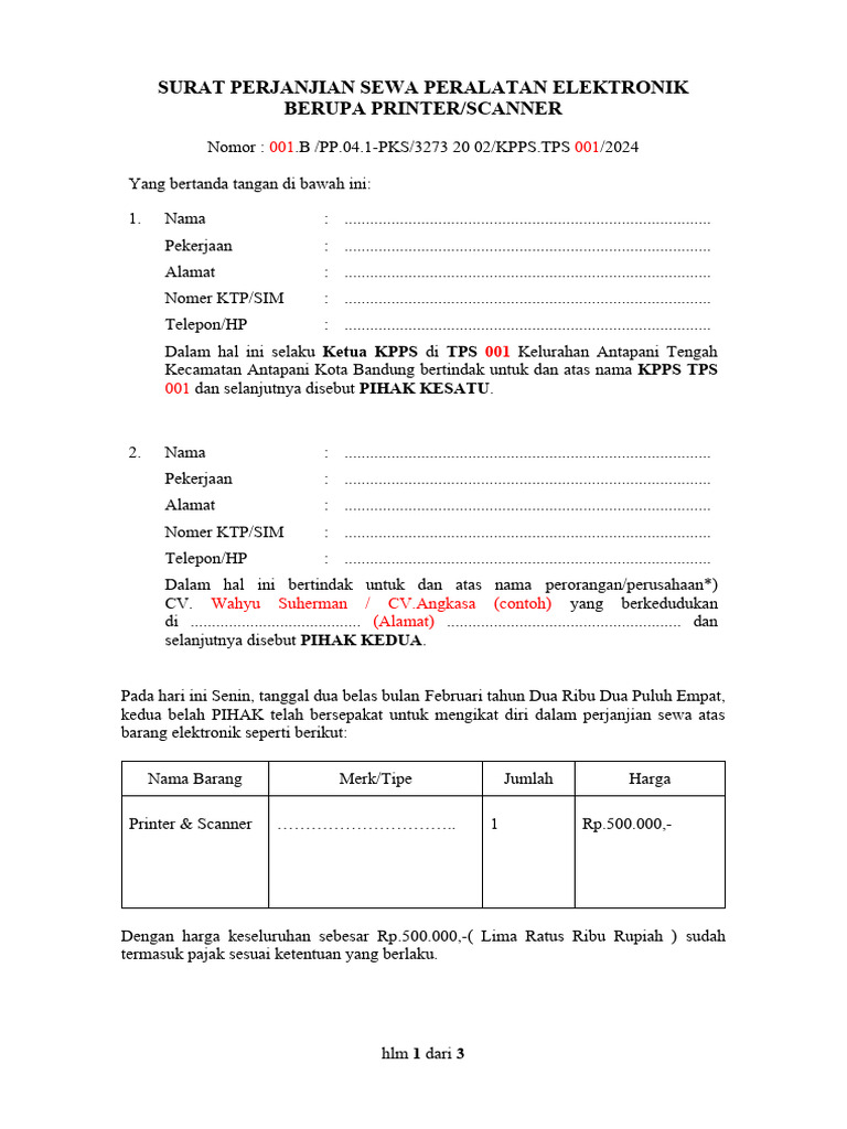 Contoh Perjanjian Sewa Printer-Scanner Pemilu 2024 | PDF