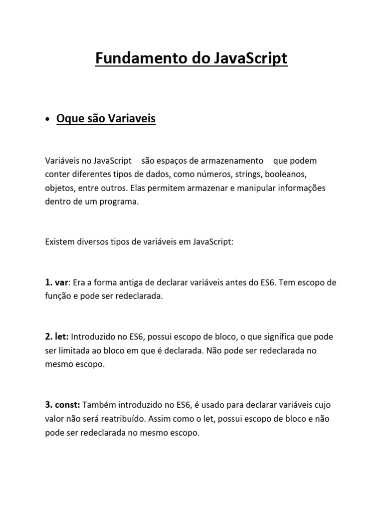Fundamentos de JavaScript Resumo | PDF | Script Java | Tipo de dados Fundamentos de JavaScript Resumo | PDF | Script Java | Tipo de dados
