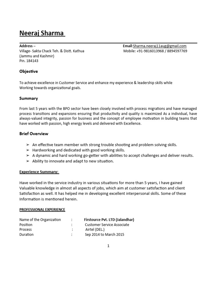 Neeraj Sharma: Customer Service Leader Resume | PDF | Cognitive Science ...