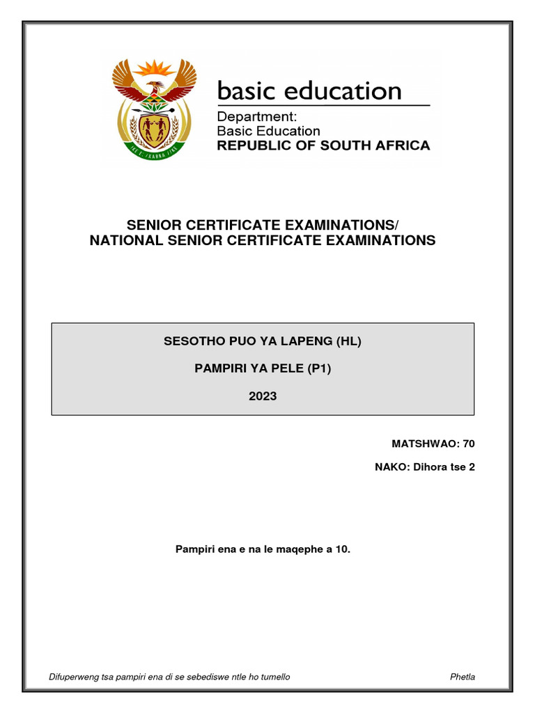Sesotho HL P1 May-June 2023 | PDF
