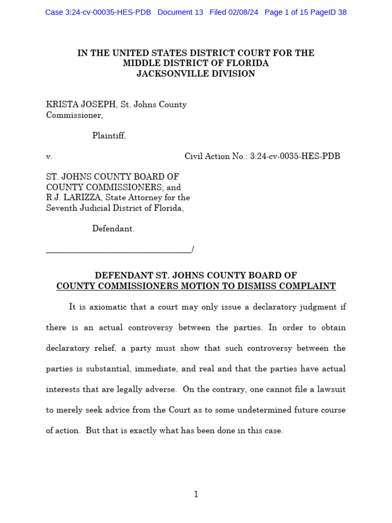 St. Johns County BOCC Motion To Dismiss Joseph Lawsuit | PDF | Civil Law (Common Law) | Civil ...