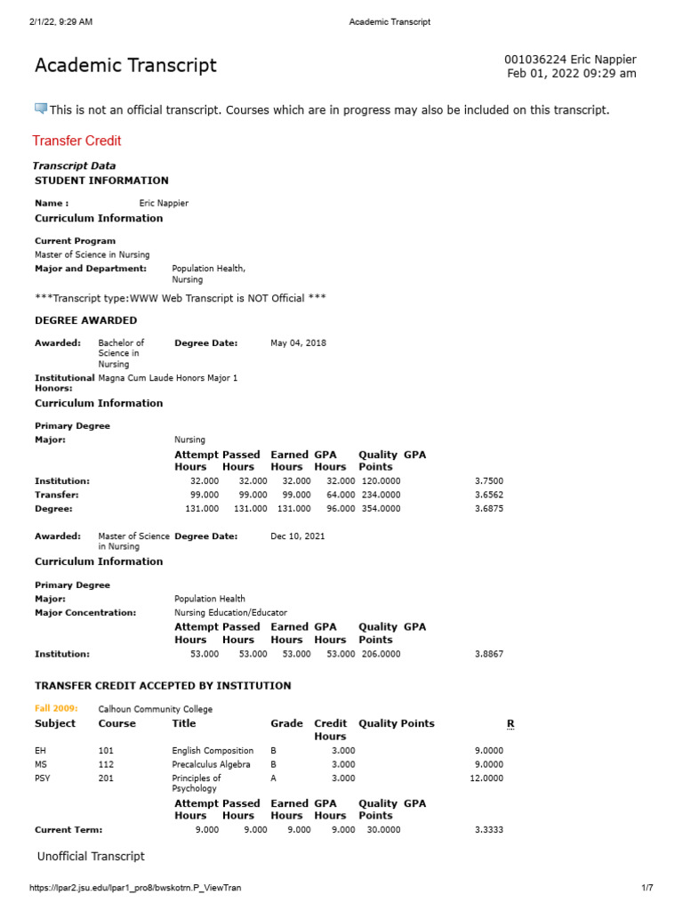 Nappier MSN Jsu Transcripts | PDF | Academic Degree | Master Of Science