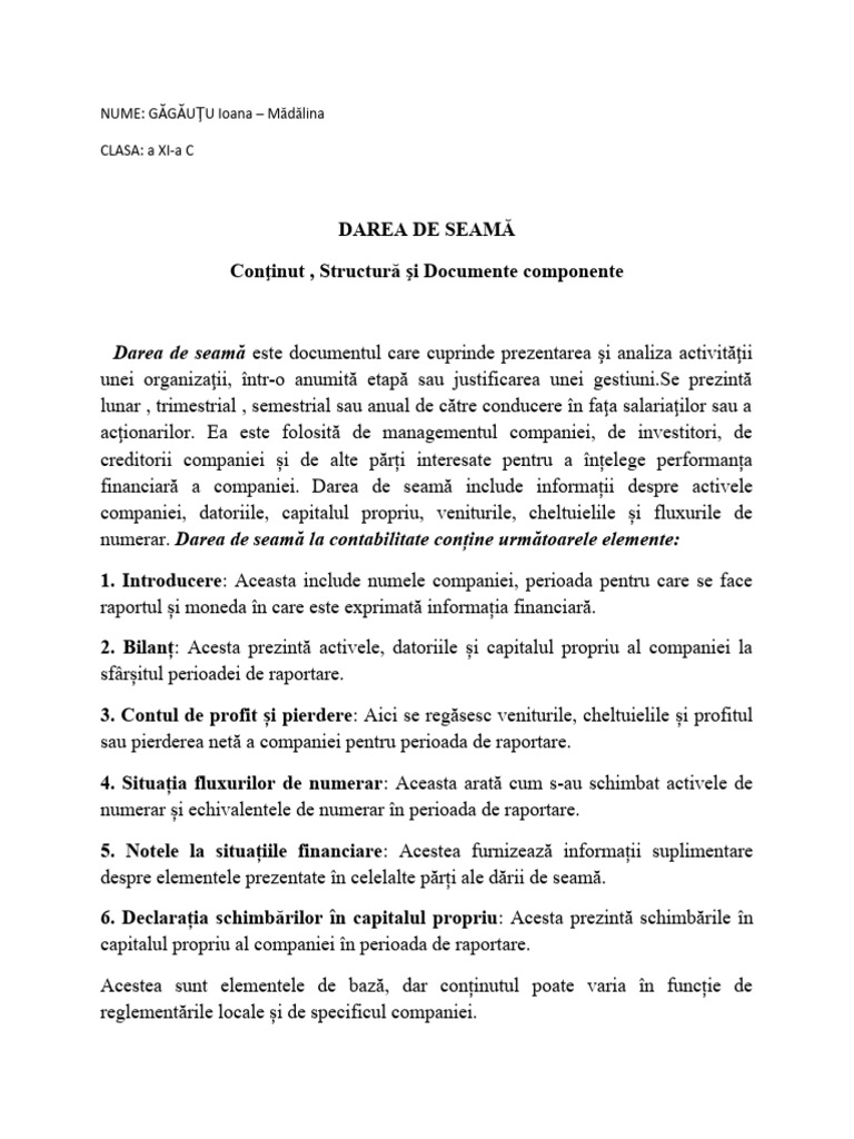 Darea de Seama - Continut, Structura Si Documente Componente | PDF