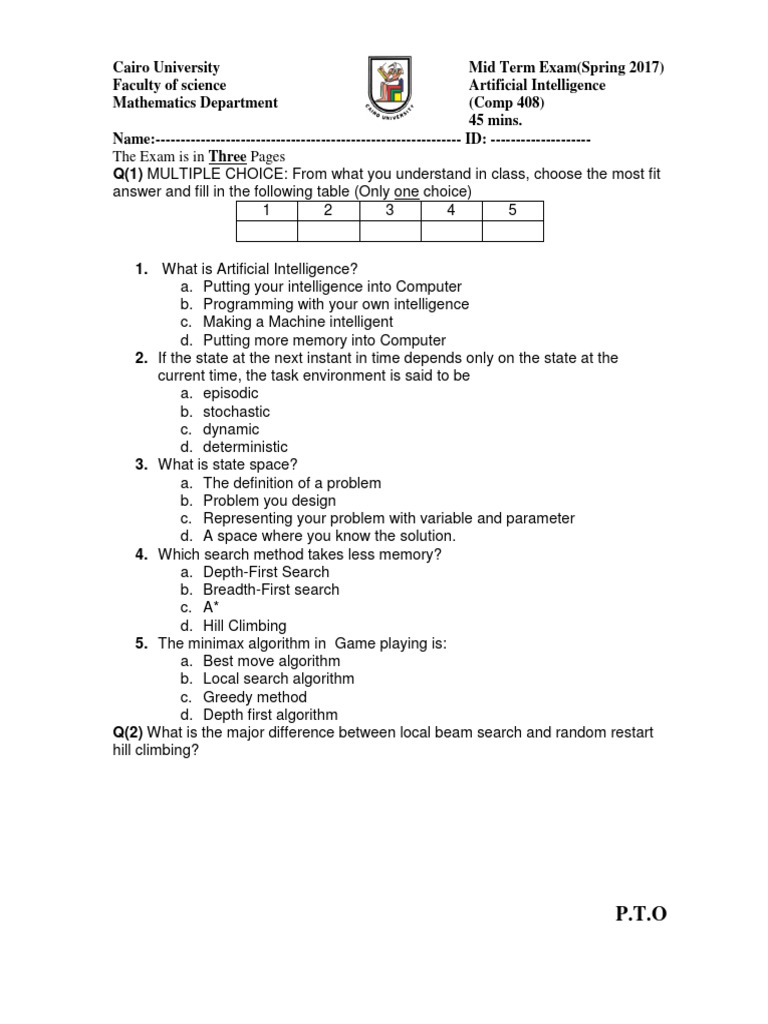 Mid Term Exam (Spring 2017) | PDF | Applied Mathematics | Algorithms And Data Structures