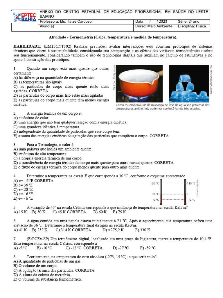 Atividade Calor e Temperatura | Download grátis PDF | Calor | Temperatura