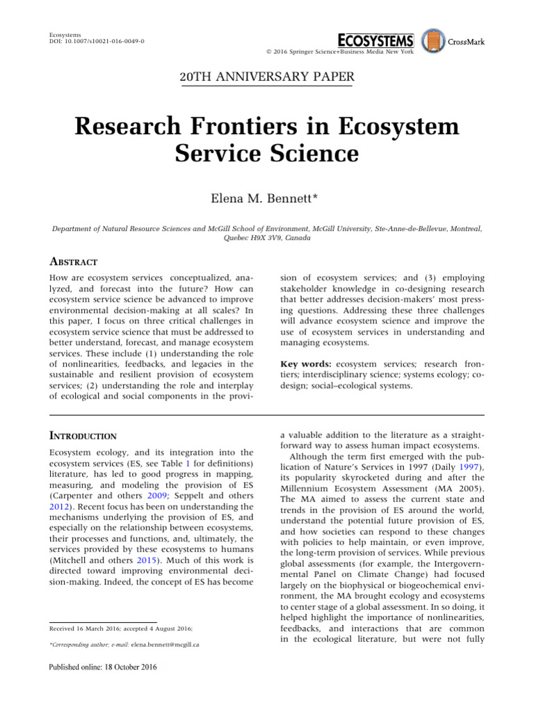 Research Frontiers in Ecosystem Service Science | PDF | Ecosystem | Ecology