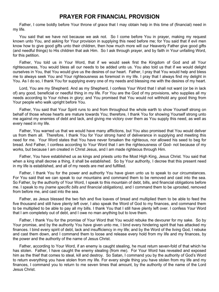 Financial Provision Prayer Guide | PDF | Prayer | Gospel Of Matthew
