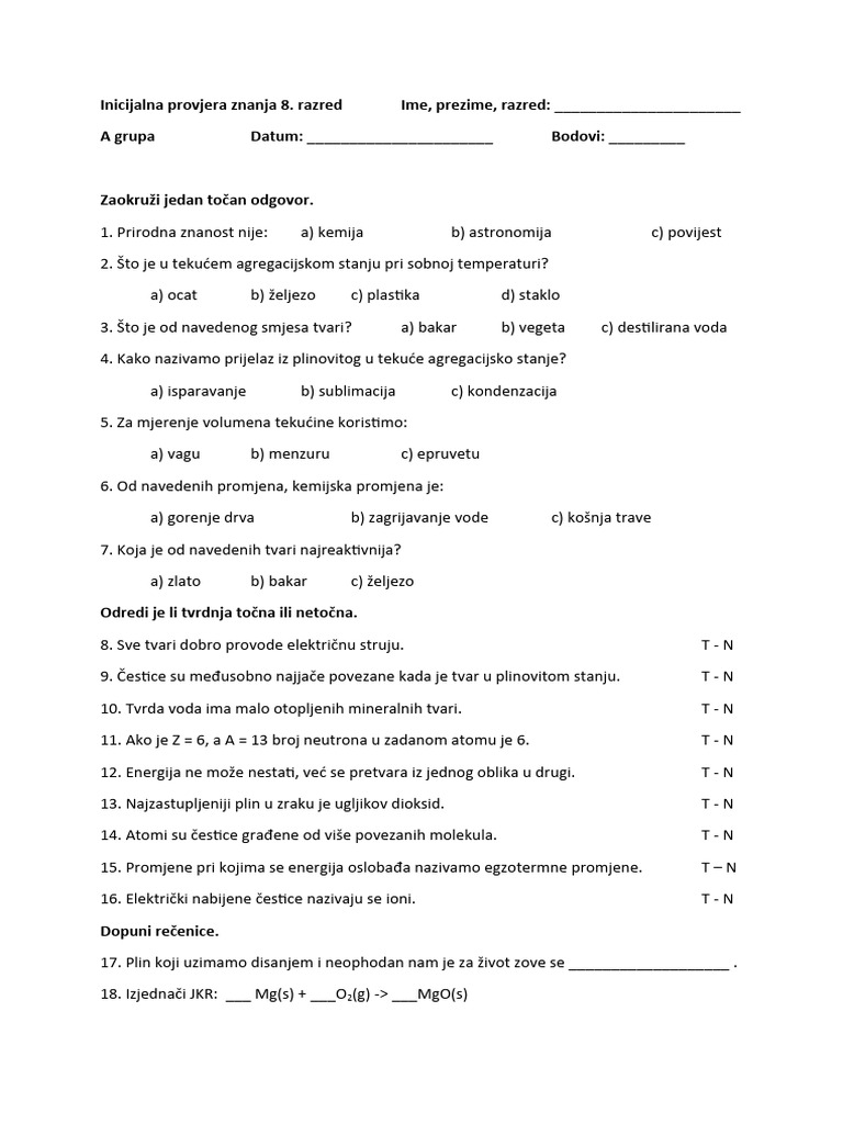 Inicijalna Provjera Znanja 8 | PDF