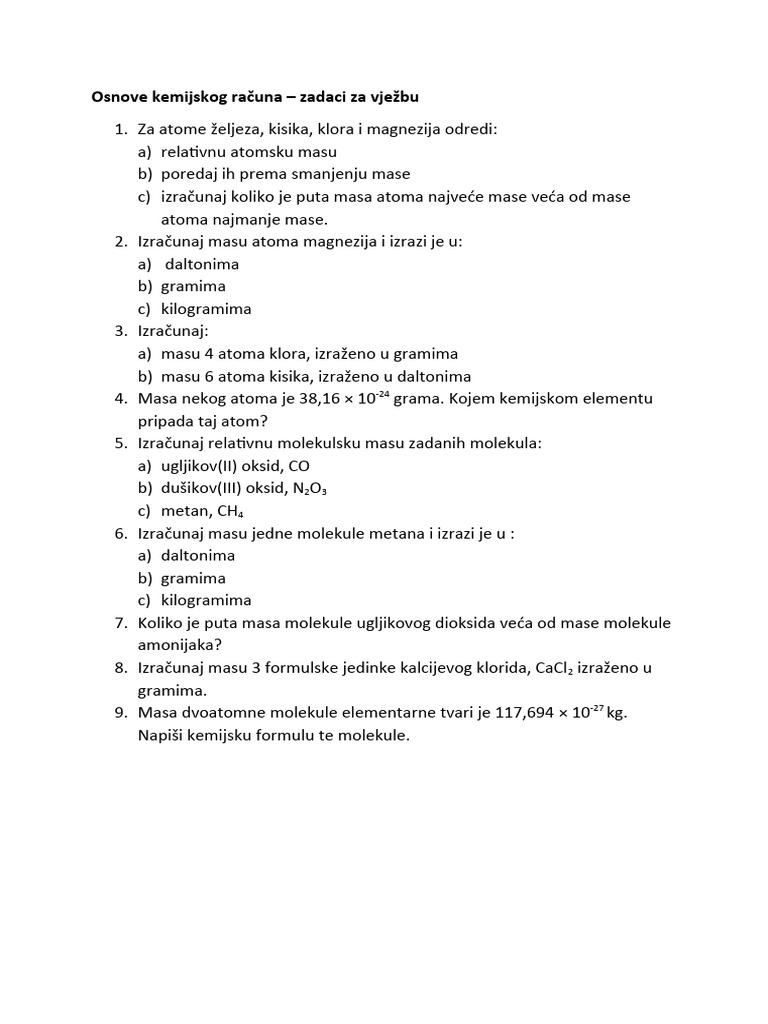 Osnove Kemijskog Računa - Zadaci Za Vježbu | PDF