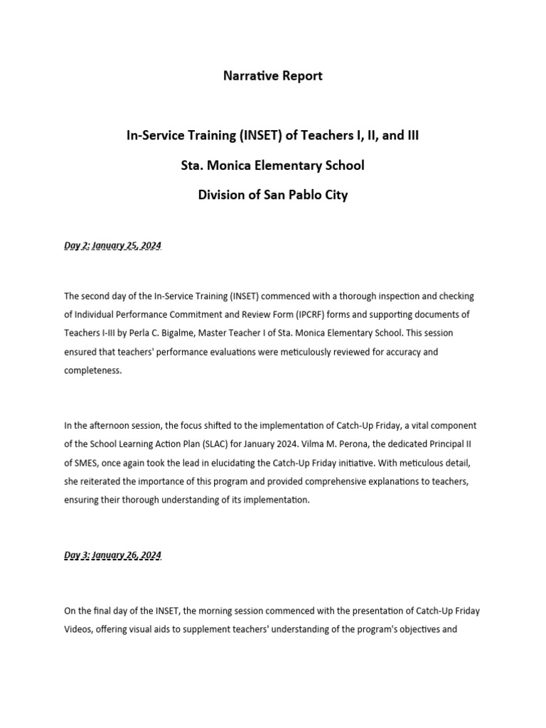 INSET Day 2 3 Narrative Raport Jan 2024 | PDF | Learning