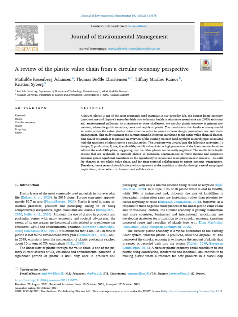 A review of plastic value chain from a circular economy perspective ...