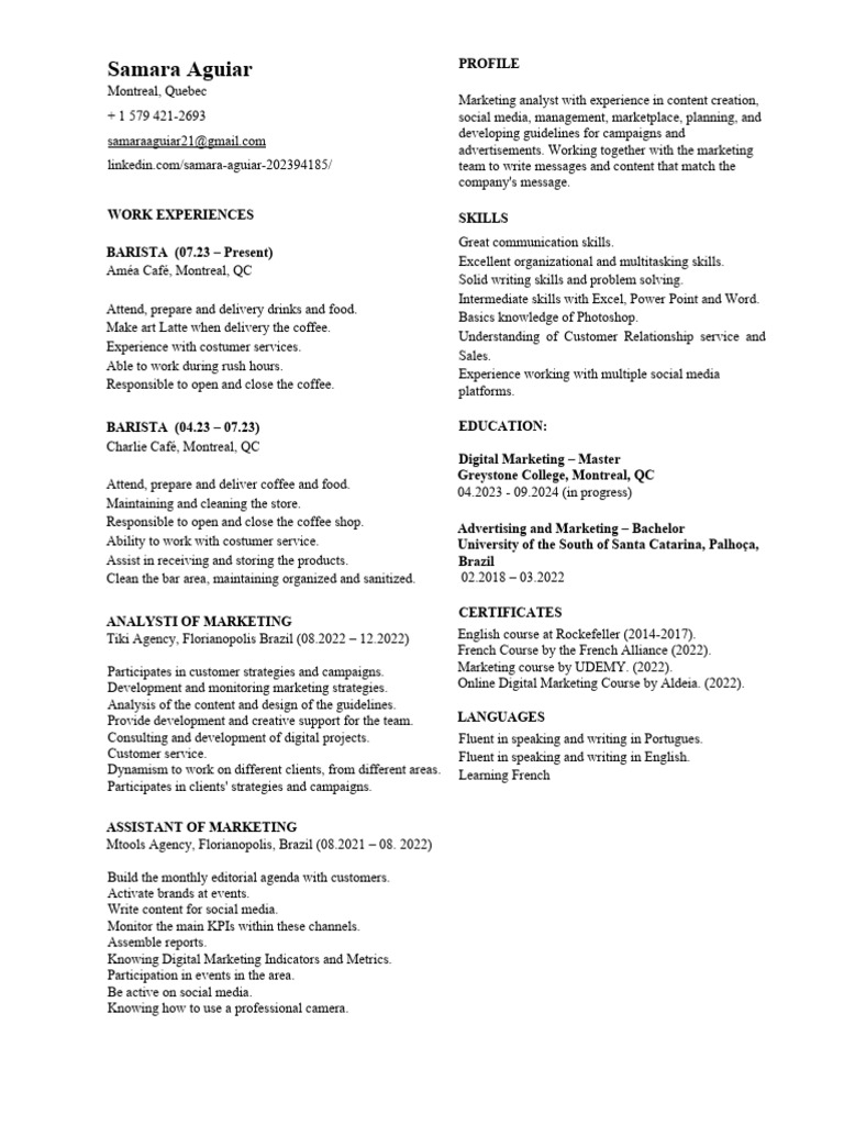 Samara Aguiar CV 2023 | PDF | Digital Marketing | Marketing