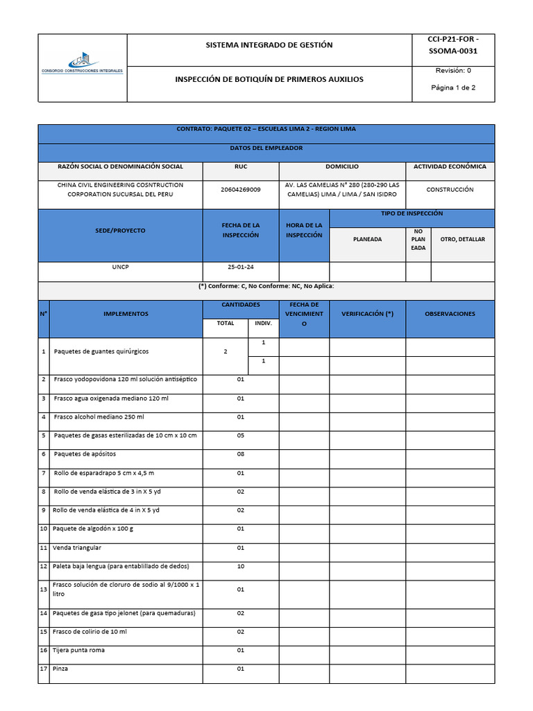 CCECC-P21-FOR-SSOMA-0031 Inspeccion de Botiquin Primeros Auxilios | PDF ... CCECC-P21-FOR-SSOMA-0031 Inspeccion de Botiquin Primeros Auxilios | PDF ...
