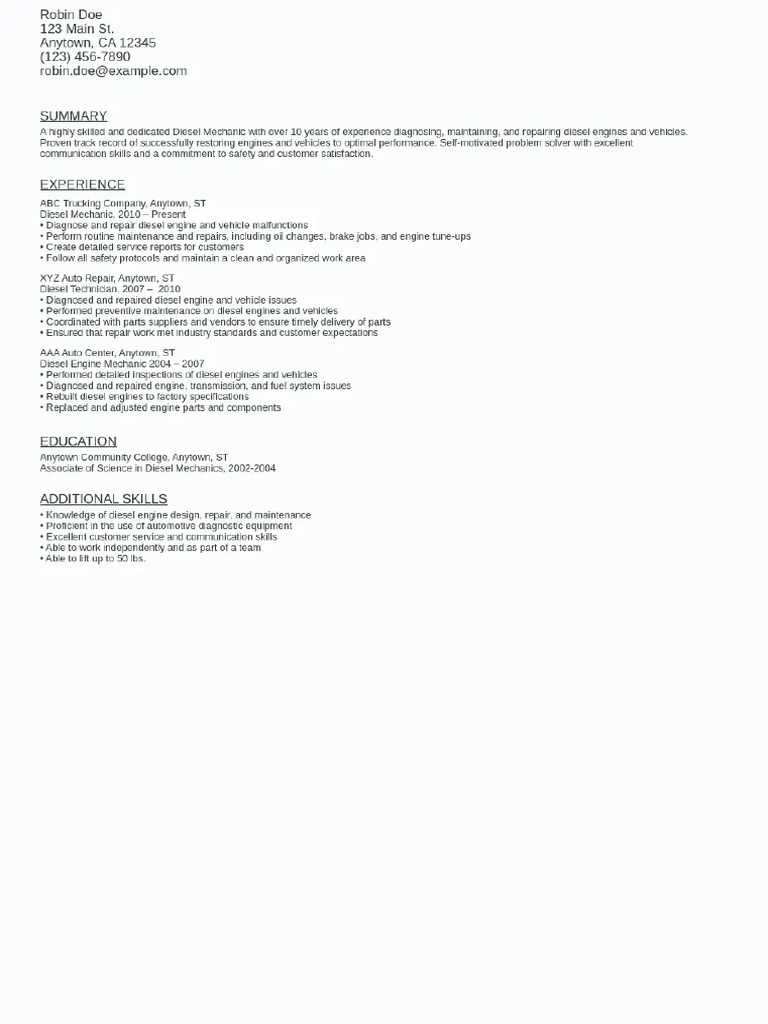 Diesel Mechanic Resume Sample Template | PDF