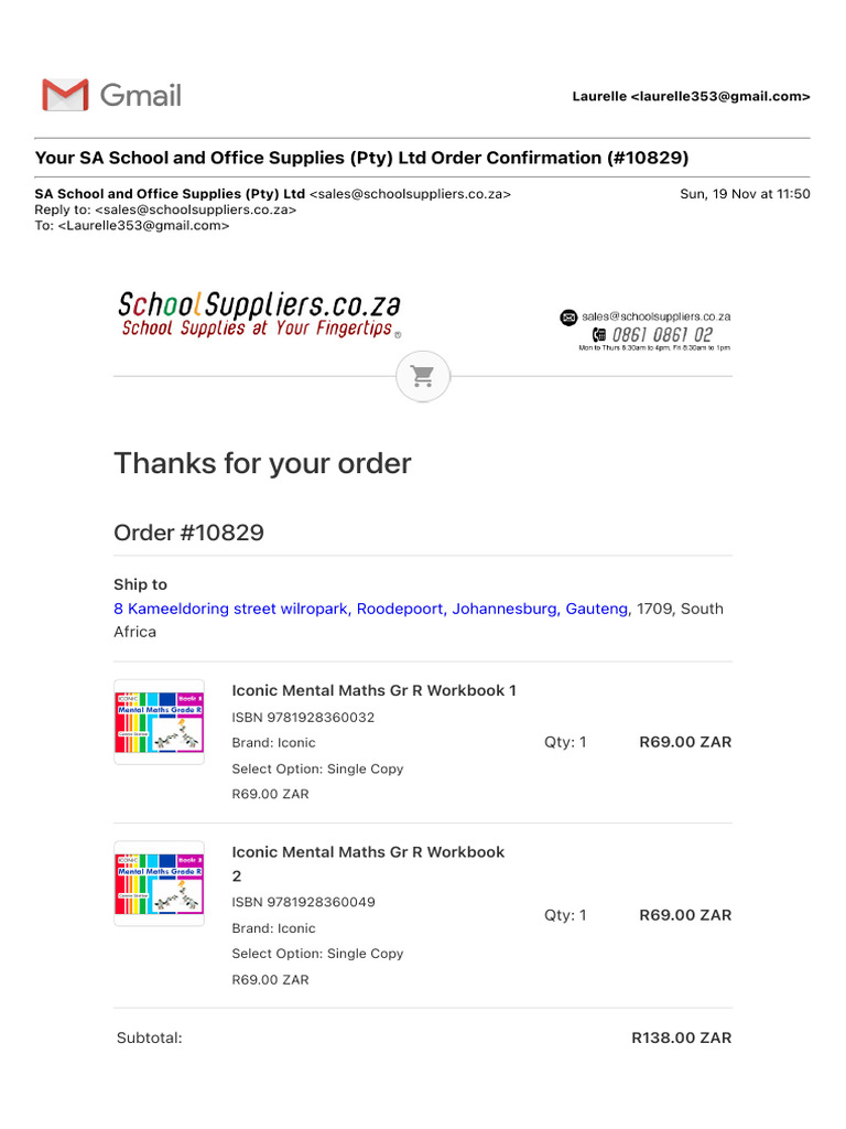 Your SA School and Office Supplies (Pty) LTD Order Confirmation (#10829 ...