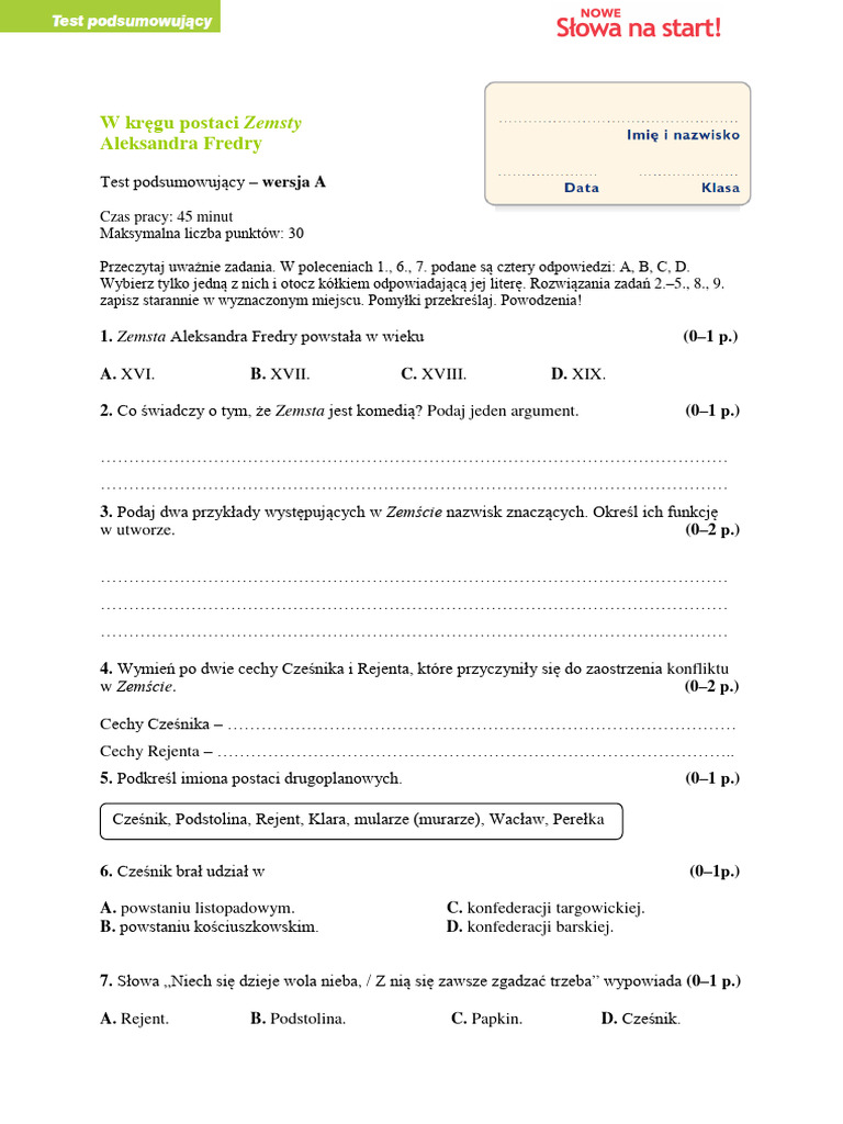 Zemsta Test Wersja A | PDF
