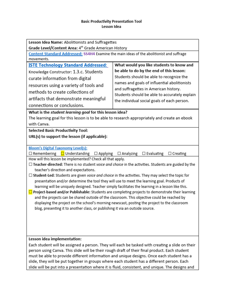 Bpts Basic Productivity Tools Lesson Idea Template | PDF | Learning | Project Based Learning