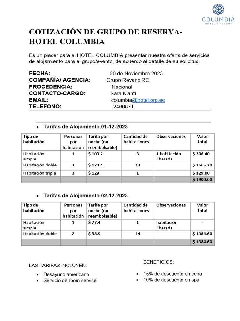 Cotizacion de Reserva | PDF | Hotel