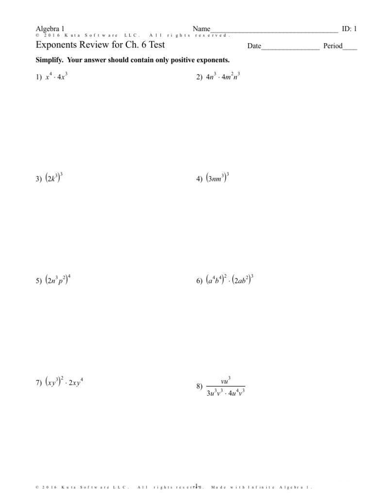 Exponents Review Worksheet for Algebra 1 | PDF | Teaching Methods ...
