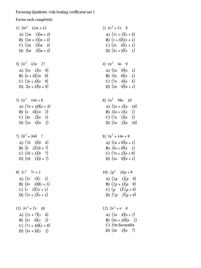 Factoring Quadratics With Leading Coefficient Not 1 Pdf