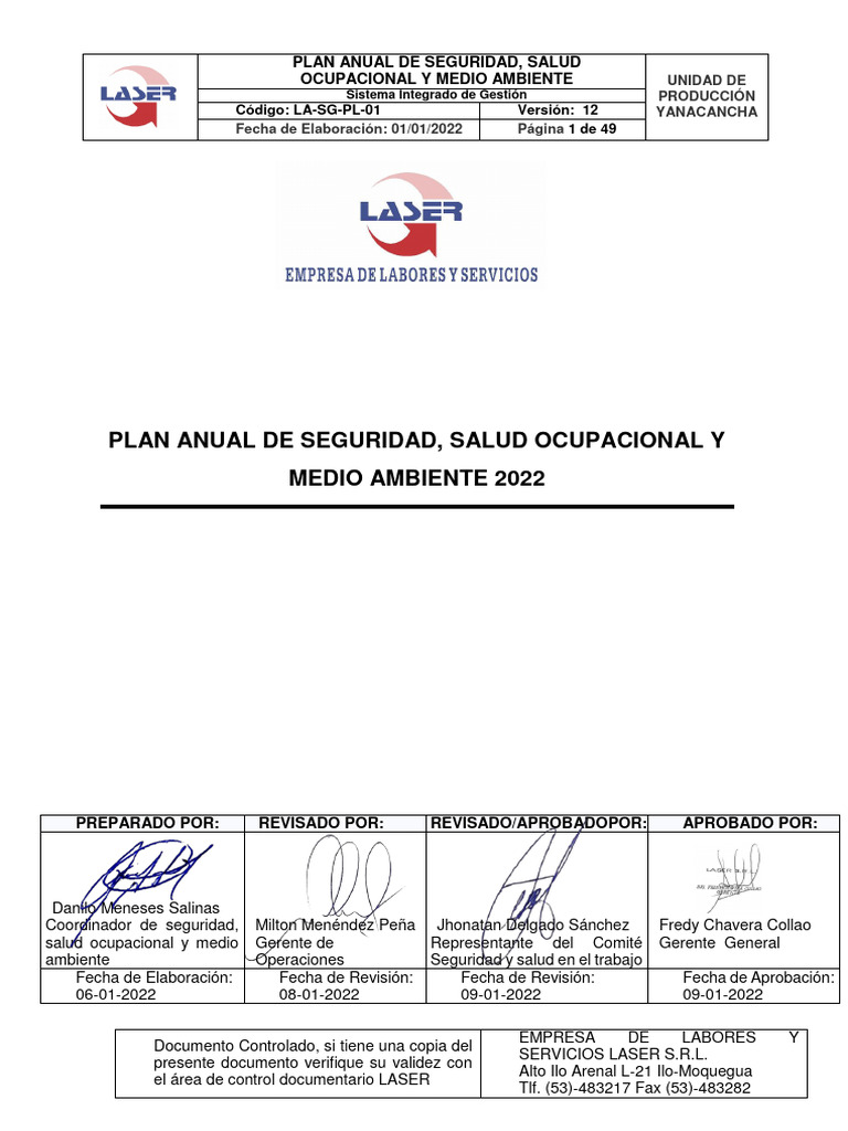 2.1. La-Sg-Pl-01 Plan Anual de Seguridad 2022 | Descargar gratis PDF | Seguridad y salud ...