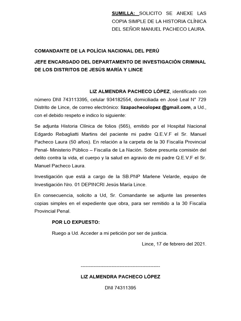 Solicitud de La PNP - Historia Clínica | PDF