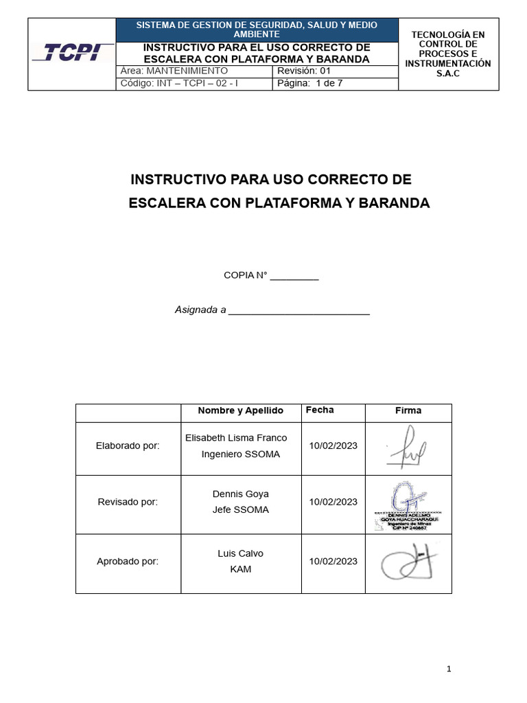 INT - TCPI - 02 - I INSTRUCTIVO para USO DE ESCALERA CON PLATAFORMA Y BARANDA. | PDF | Escalera ...