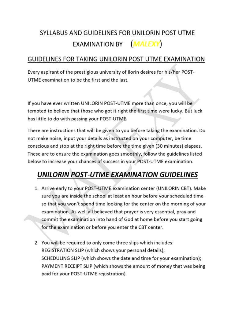 Syllabus and Guidelines For Unilorin Post Utme by Malexy | PDF ...