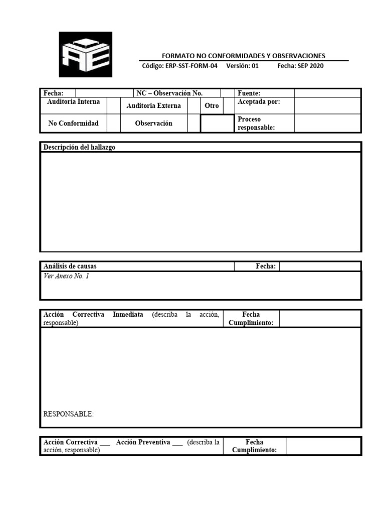 Formato De No Conformidades Y Observaciones Pdf 7375