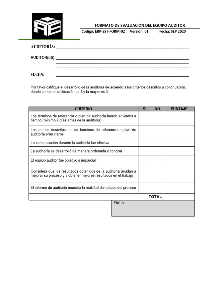 ERP-SST-FORM-02 Formato de evaluación del equipo auditor | PDF