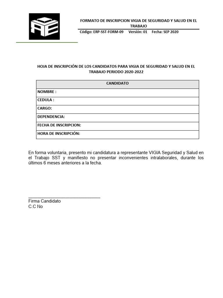 ERP-SST-FORM-09 Formato Inscripcion Vgia de SG-SST | PDF