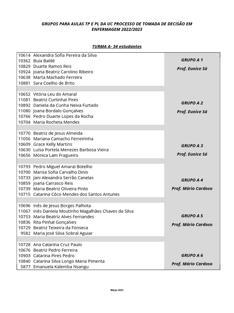 Grupos de Estudantes para As Aulas TP e PL Da UC PTDE-2022-2023-V.9-3 ...